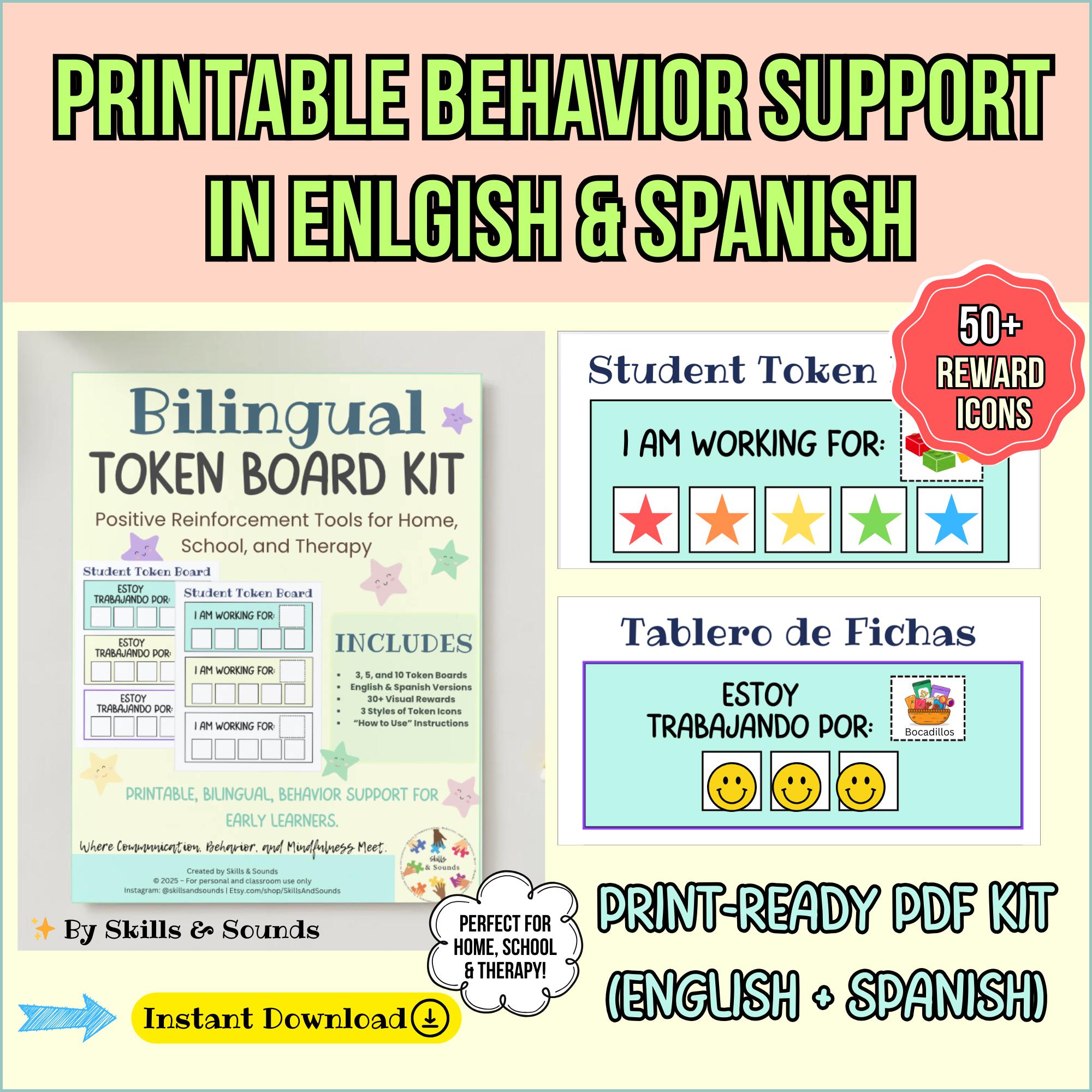 Bilingual Token Board for Kids | Printable ABA Behavior Chart | Speech ...