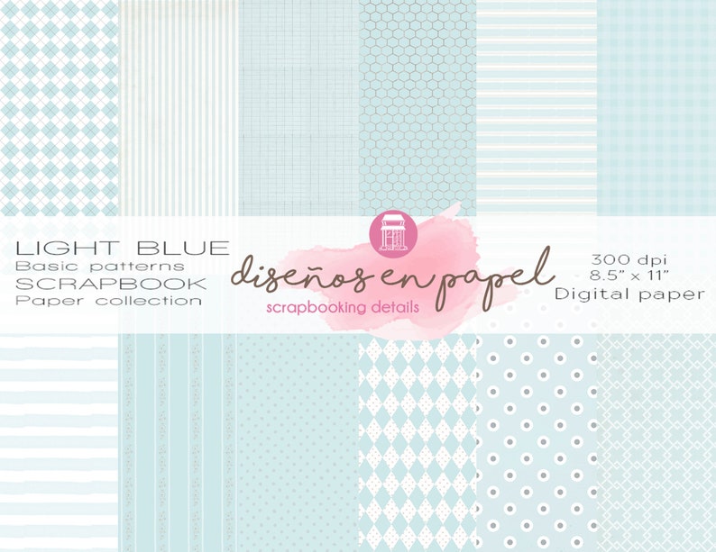 SHABBY SCRAPBOOK Paper Collection. 8.5" X 11" Size. Light Blue Basic ...