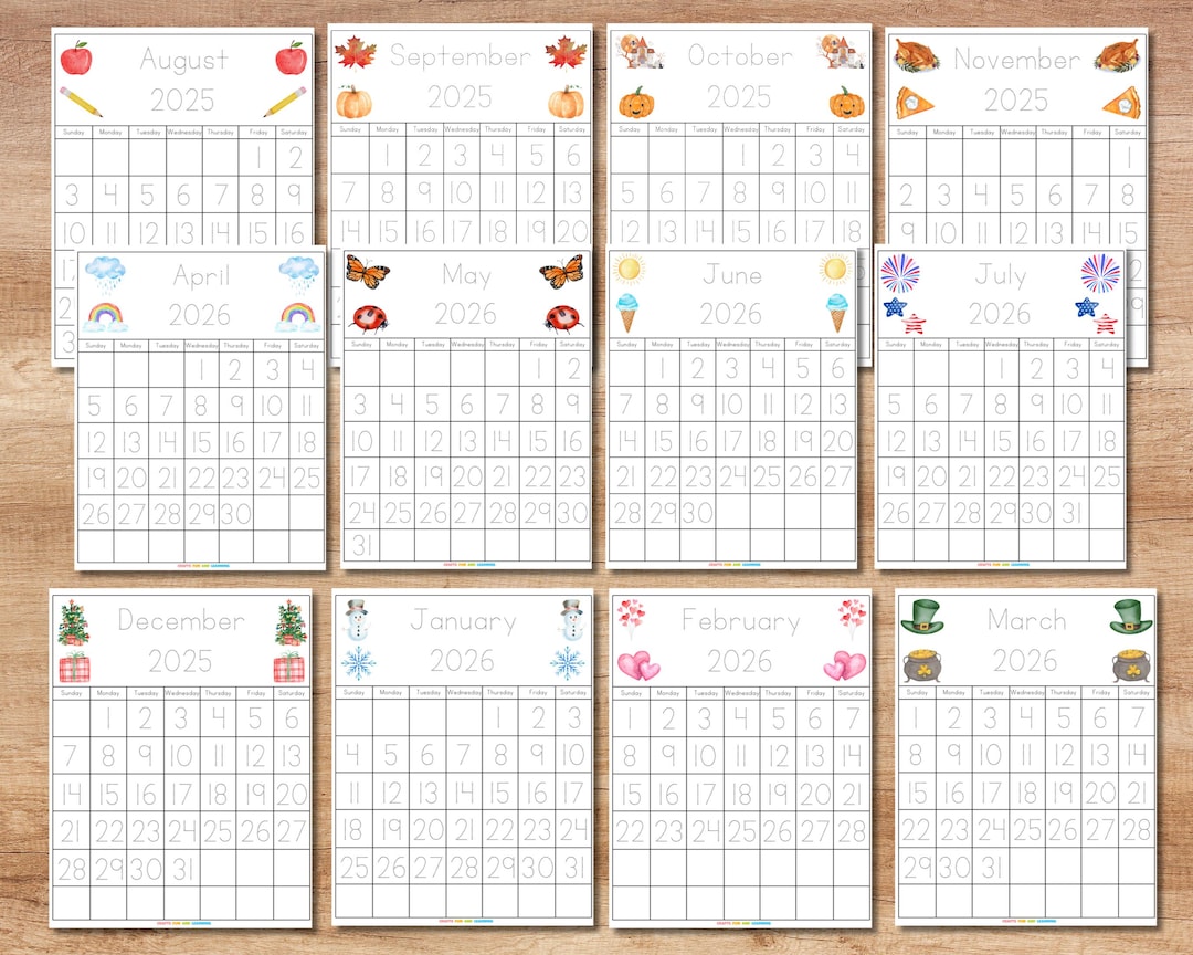 Traceable Monthly Calendar Set, August 2025 Through July 2026 - Etsy