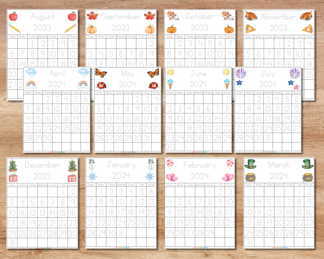 Traceable Monthly Calendar Set, August 2023 Through July 2024 - Etsy