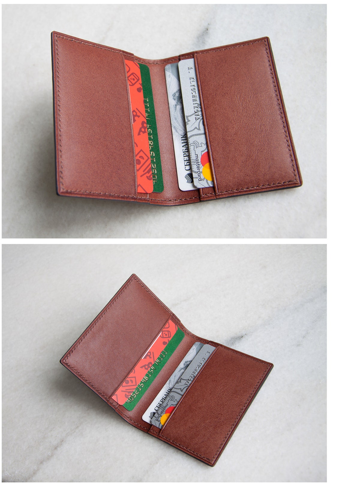 Bifold Card Wallet Personalized Leather Card Holder Brown | Etsy