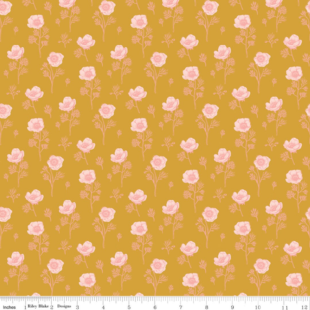 PORCH SWING Botanical Anemones Mustard Ashley Collett Design 100% Cotton Quilting Fabric Yardage ...