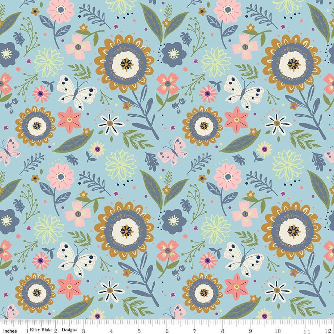 BUTTERFLY BLOSSOM Floral Main Sky Blue Riley Blake Designers 100% Cotton Quilting Fabric Yardage ...