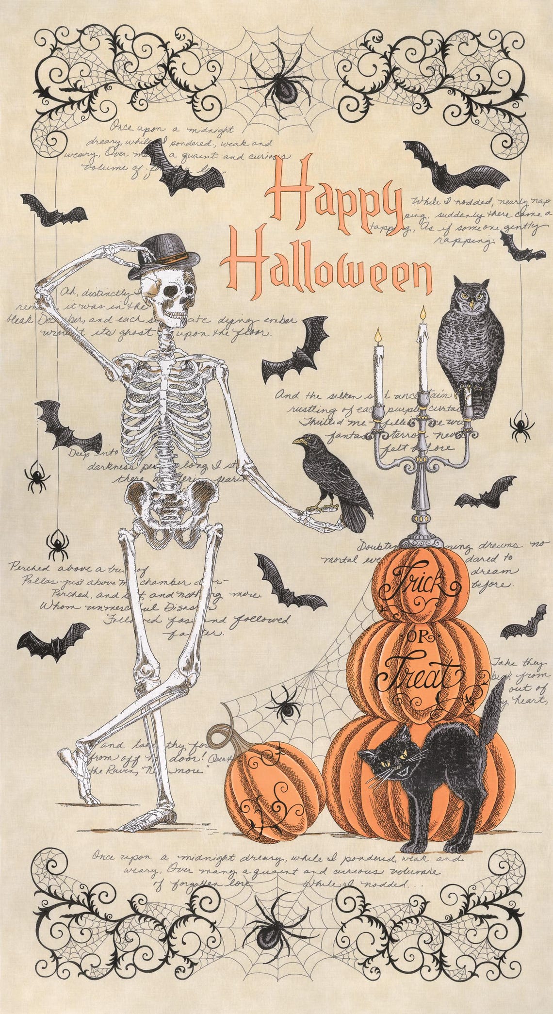 GHOSTLY GREETINGS Skeleton Panel Bone - 24" X 42" - Halloween Fabric ...
