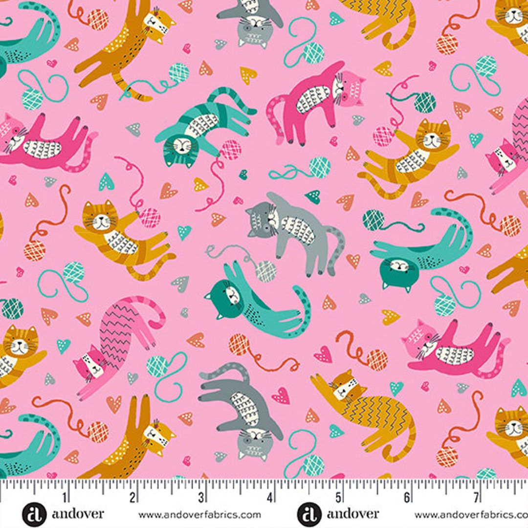 WHISKERS Tossed Cats Pink Andover Fabrics - 100 % Cotton Quilting ...