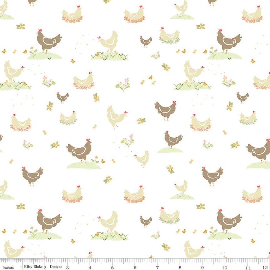CLOVER FARM Chickens White Gracey Larson - 100% Cotton Quilting Fabric ...