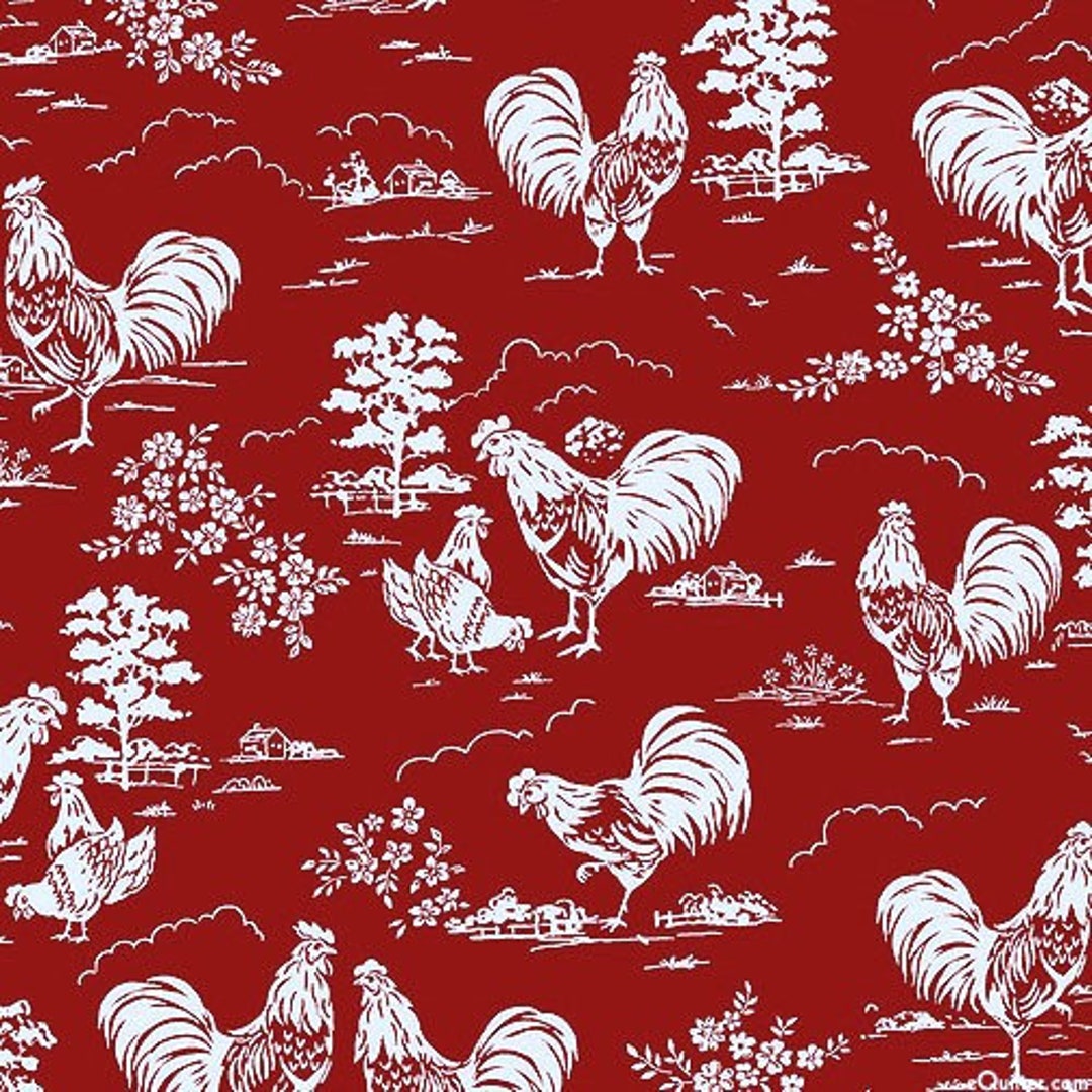 ROOSTER FARM HOUSE Roosters Chickens Burgundy P & B Textiles 100% ...