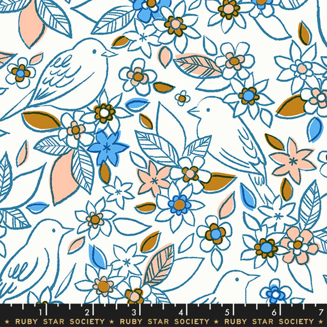 AVIARY Botanical Blue White Ruby Star Society - RSS - Cotton Yardage ...