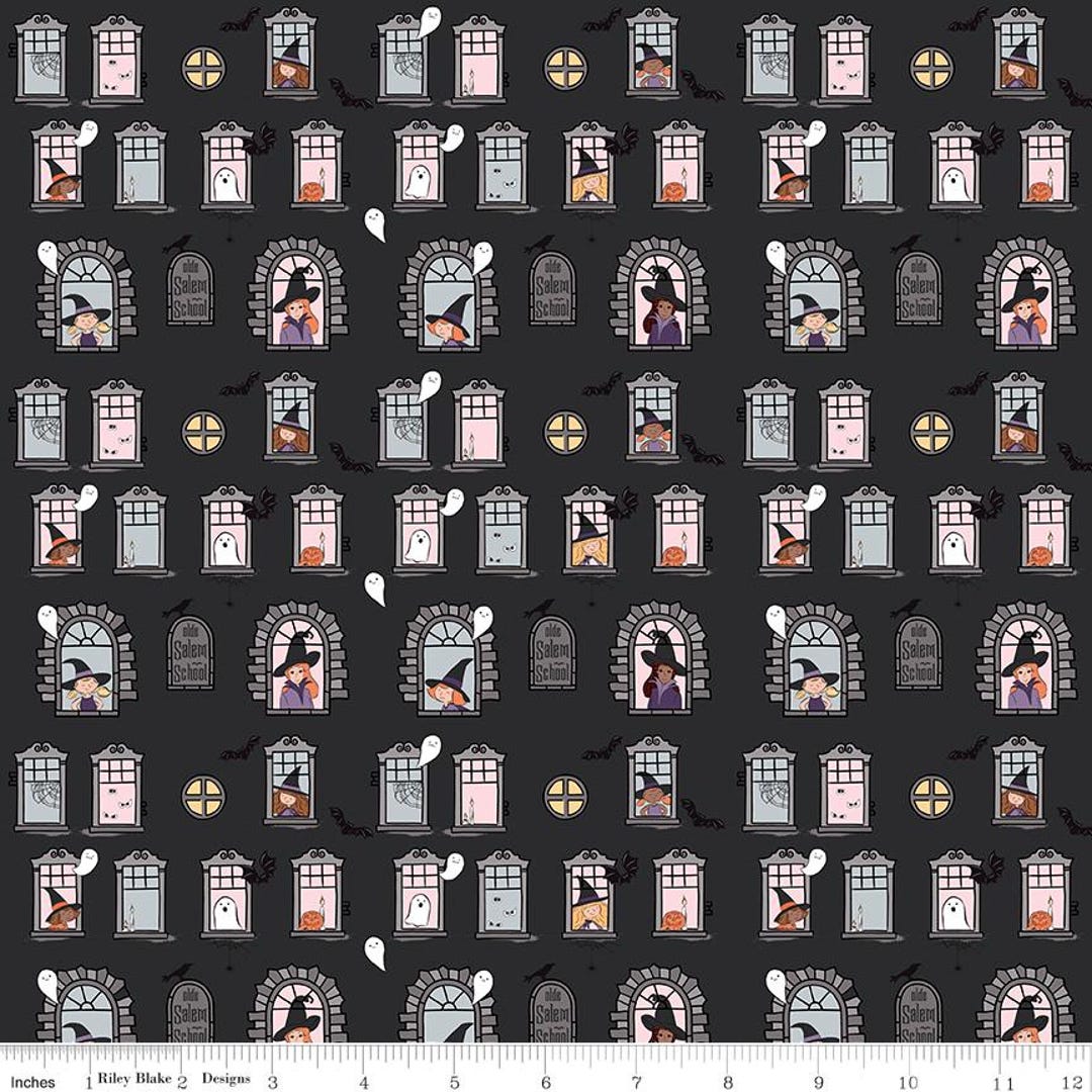 SPOOKY SCHOOLHOUSE Witch School Charcoal Metallic Halloween Fabric ...