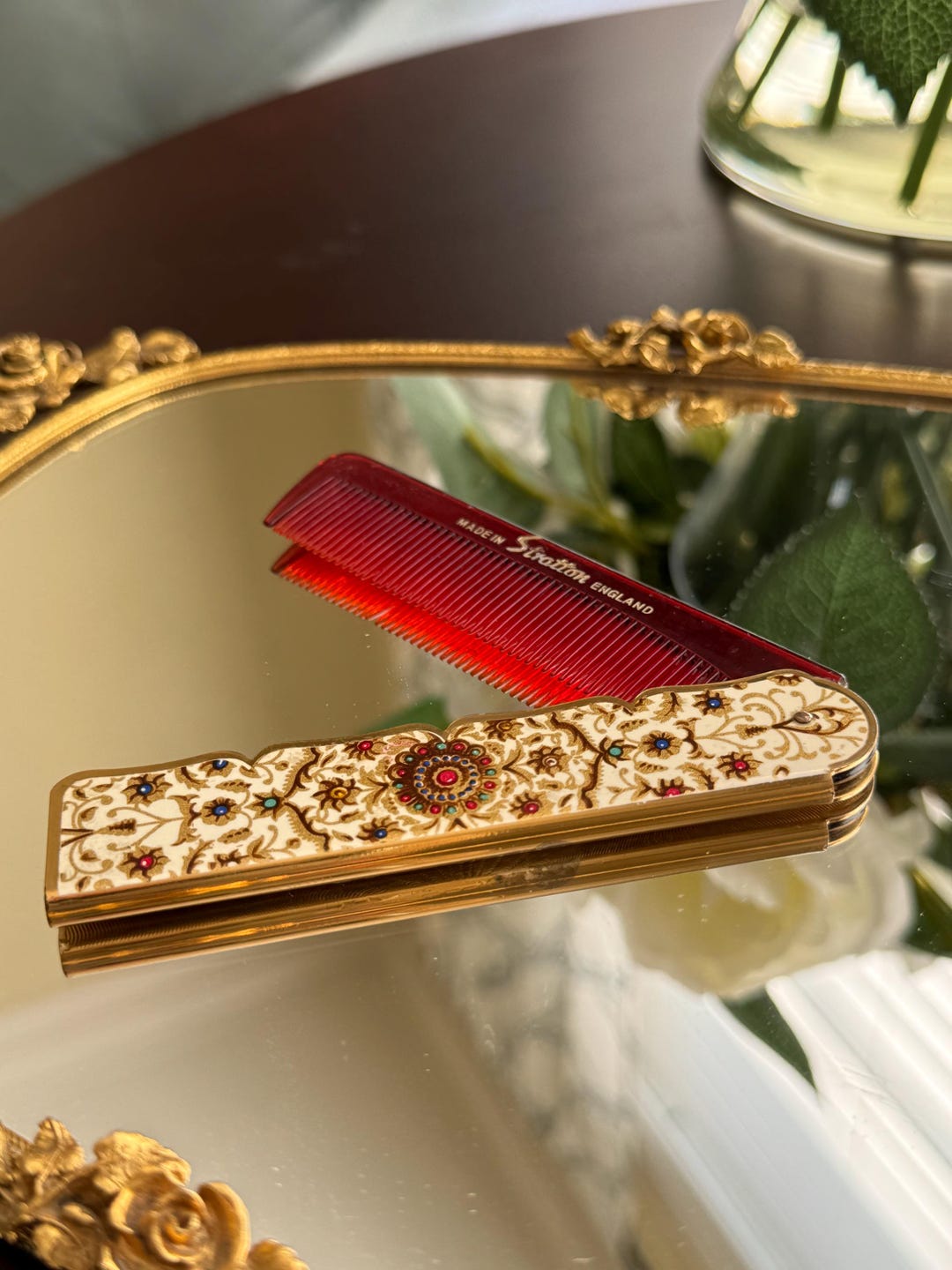 Vintage Stratton Folding Comb With White Medallion Design, Sunburst ...