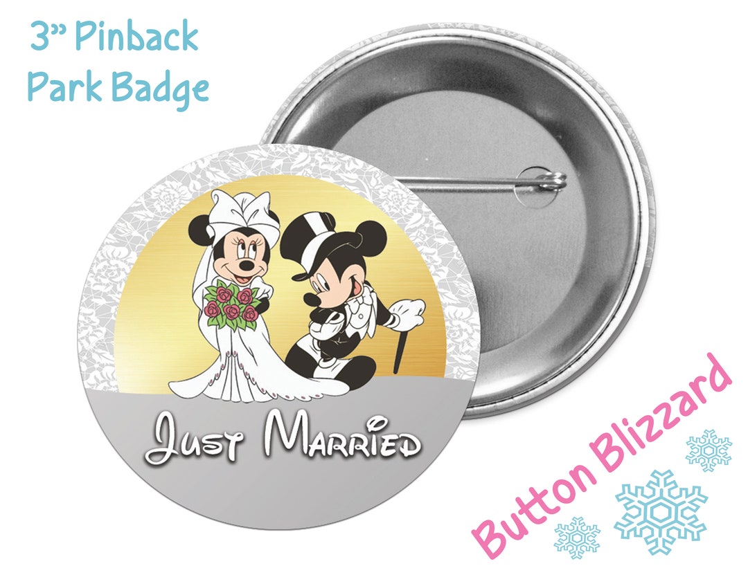Just Married Minnie Bride and Mickey Groom - Theme Park Button ...