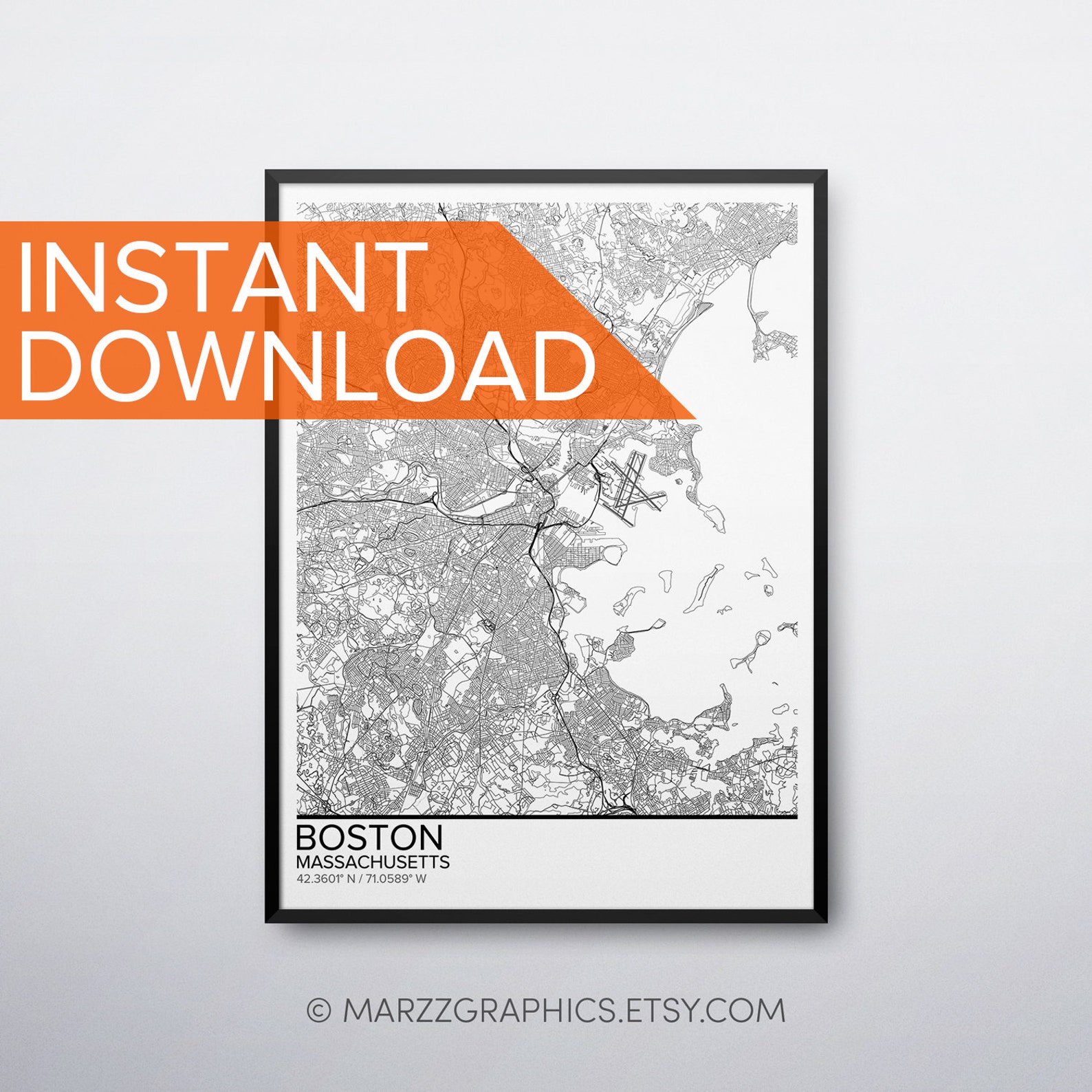 Boston Map Poster Print Wall Art Massachusetts Gift Printable | Etsy