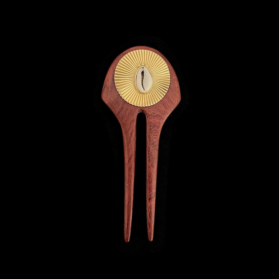 Cowrie Shell Hair Fork, Rosewood, Brass & Natural Shell, Elegant Bun ...