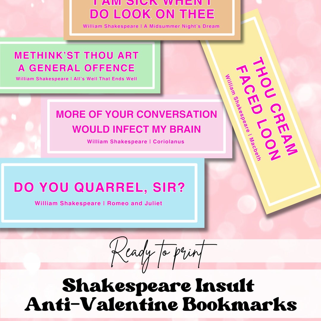 Funny Shakespeare Anti-valentines Printable Bookmarks, Humorous Library ...