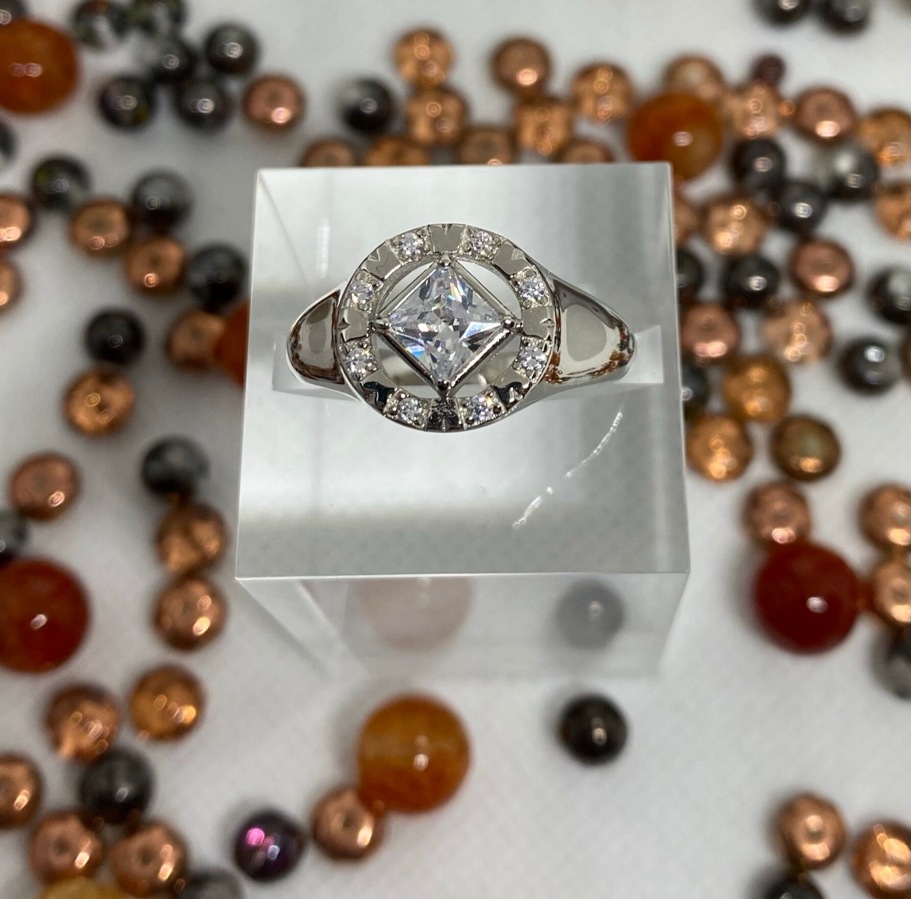 NA Service Symbol Ring With Center Colored Stone and Clear Cz Circle ...