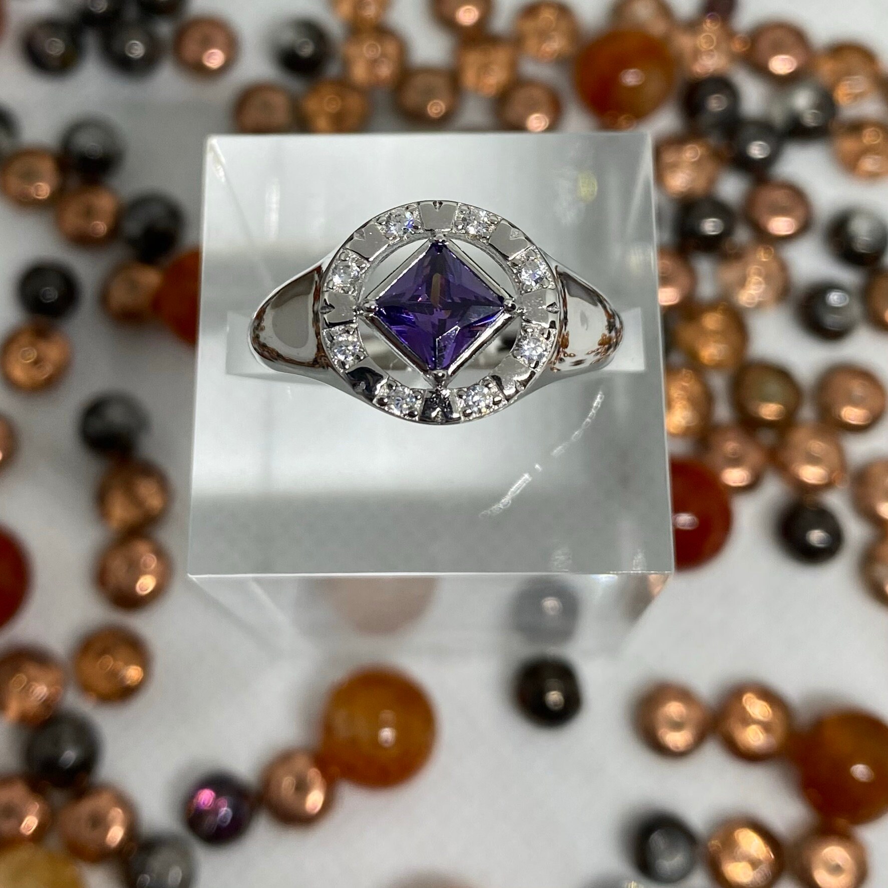 NA Service Symbol Ring With Center Colored Stone and Clear Cz Circle ...