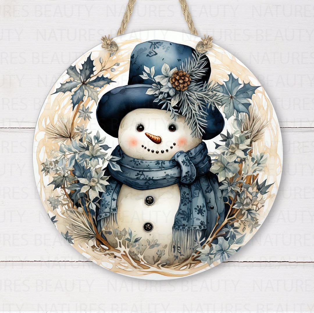 Blue Vintage Snowman Door Hanger, Blue Snowman Decor, Snowman Door ...