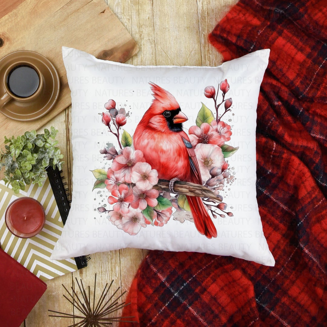 Watercolor Floral Red Cardinal Pillow Case, Cardinal Throw Pillow Cover ...