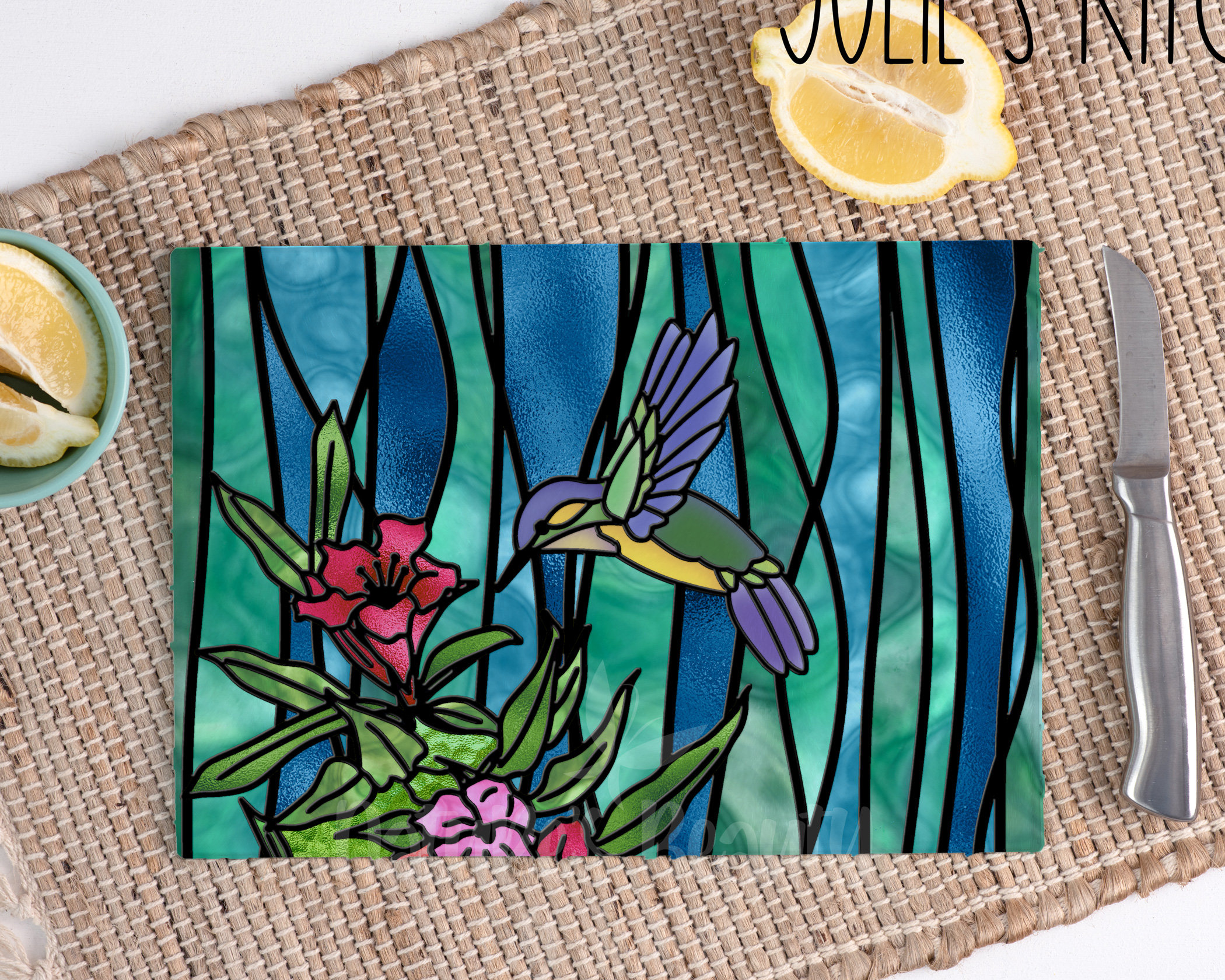 Hummingbird Stained Glass Look Printed Cutting Board, Hummingbird Glass ...