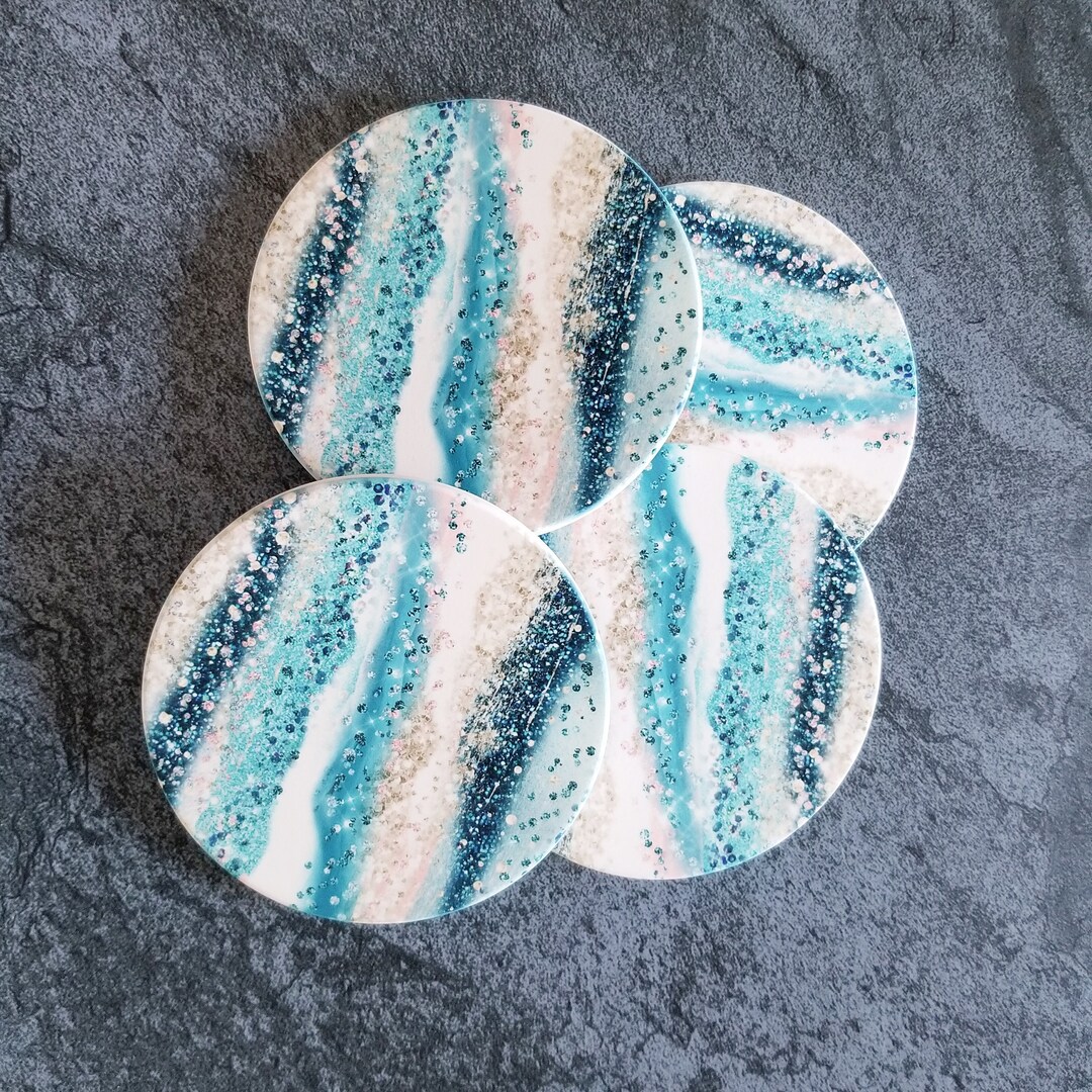 Aqua Agate With Gold Confetti Round or Square Sandstone Coasters ...