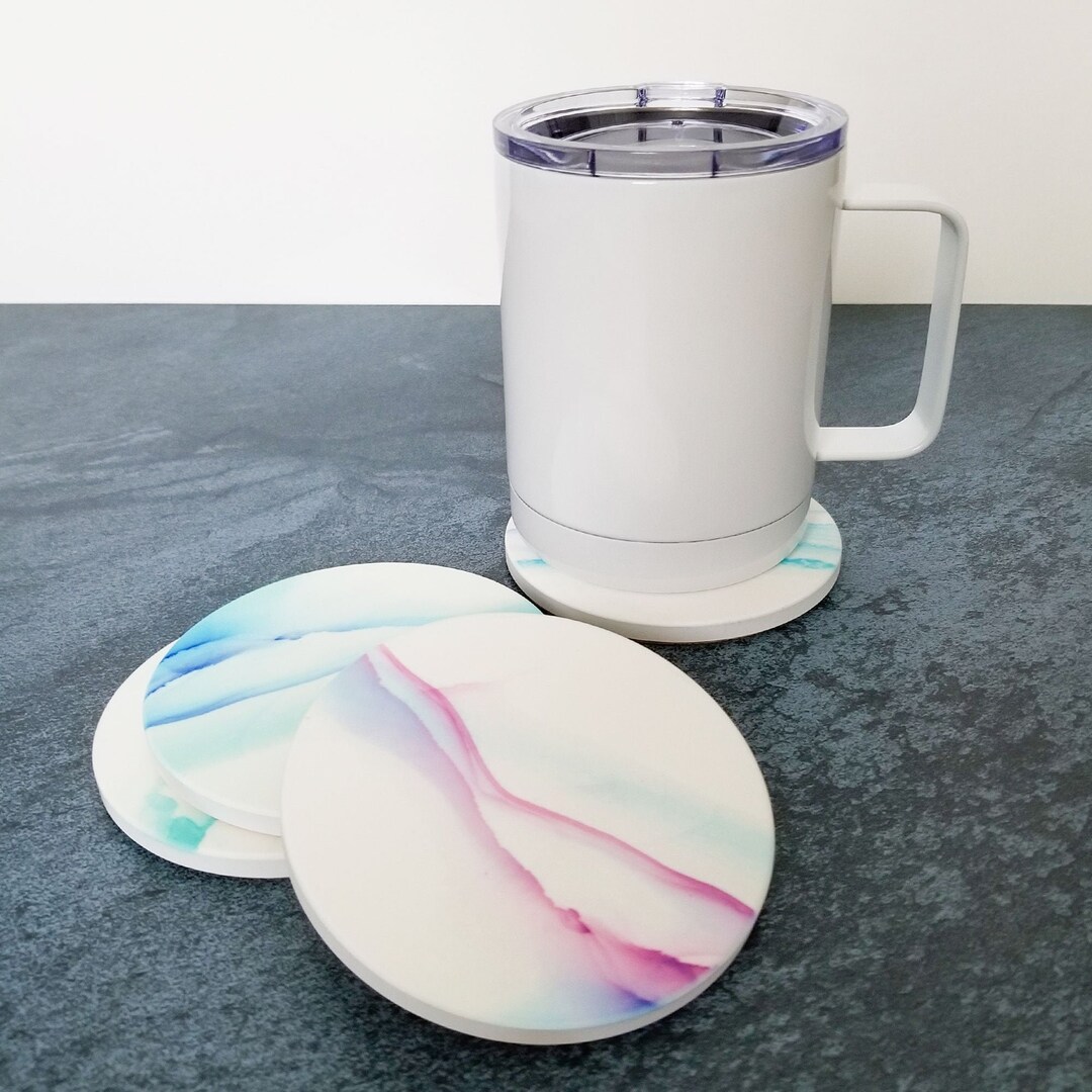 Set of 4 Watercolor Marble Round Sandstone Coasters With Cork Backing ...