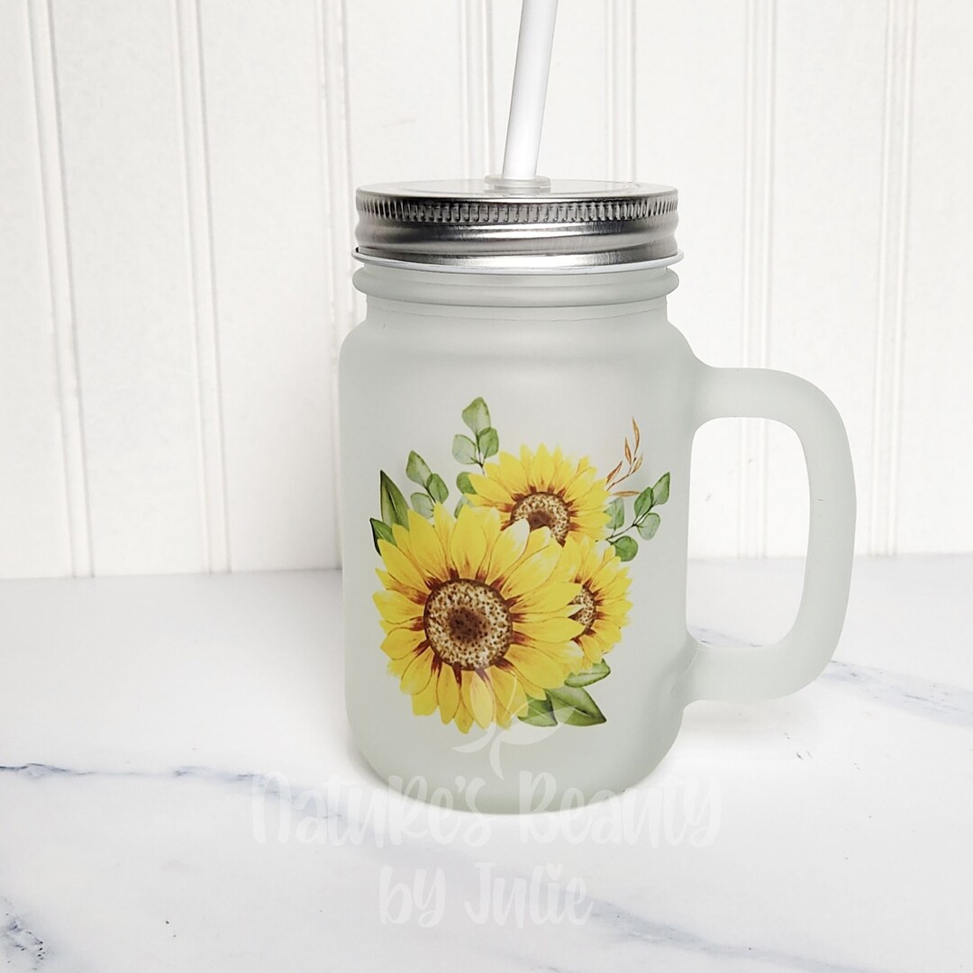 Sunflower Bouquet Mason Jar, Sunflower Frosted Glass Mason Jar, Summer ...