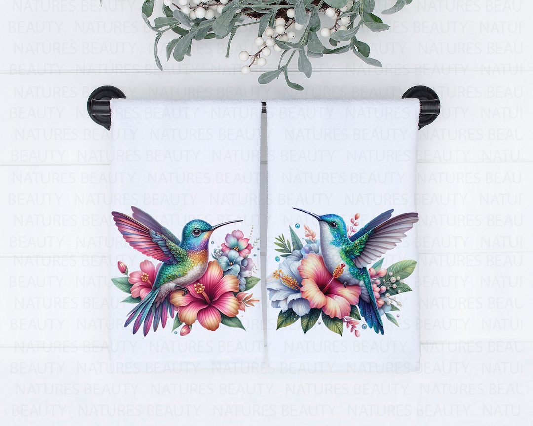 Watercolor Hummingbird and Hibiscus Kitchen or Bathroom Hand Towels ...