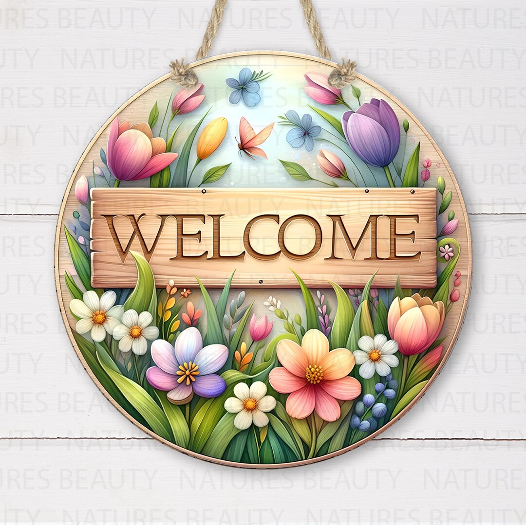 Spring Floral Welcome Door Hanger, Floral Welcome Door Sign, Printed ...