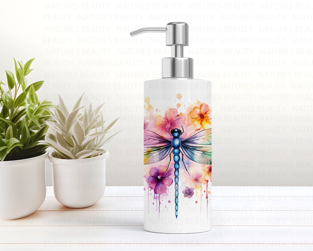 Watercolor Floral Dragonfly Soap or Lotion Dispenser, Dragonfly Kitchen and Bath Decor, Floral ...