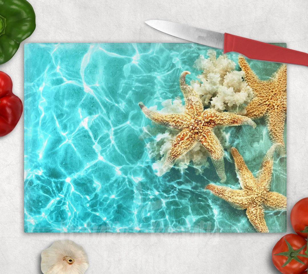 Ocean Coral and Starfish Glass Cutting Board, Ocean Beach Cutting Board ...
