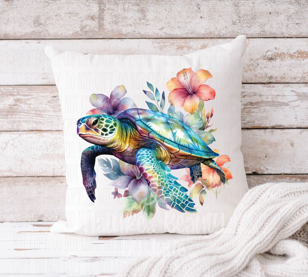 Watercolor Floral Sea Turtle Pillow Case, Sea Turtle Pillow Case, Beach ...