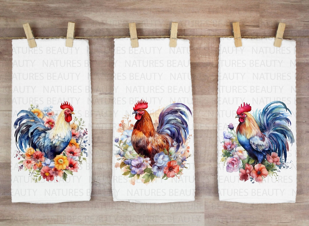 Watercolor Floral Rooster Towels, Rooster Hand Towels, Farmhouse ...