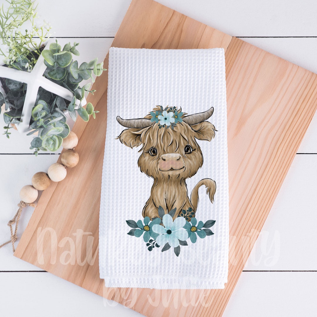 Highland Cow Blue Floral Towel, Farm Life Towels, Floral Highland Cow ...