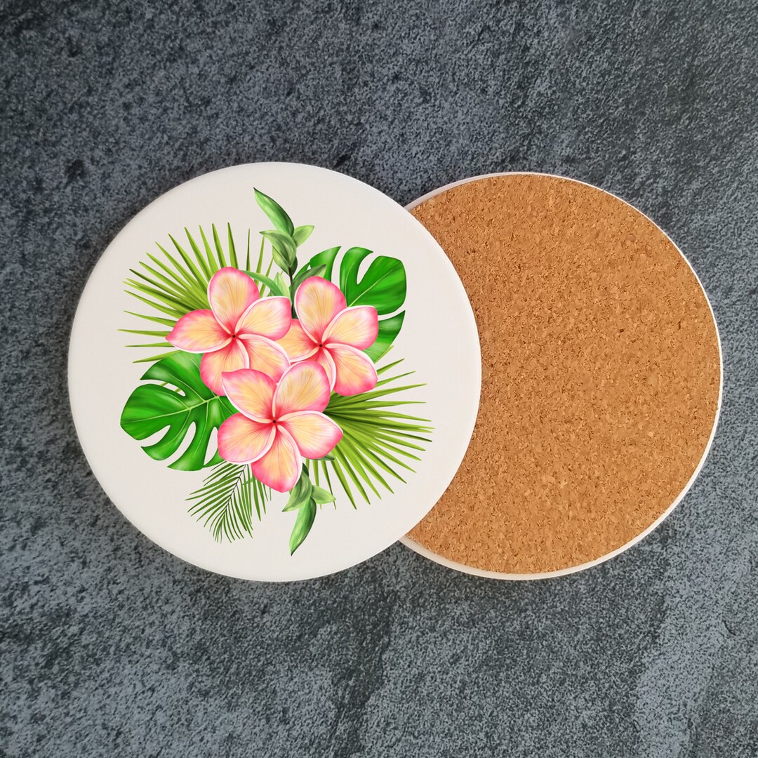 Water Color Plumeria Sandstone Coasters With Cork Backing, Tropical ...