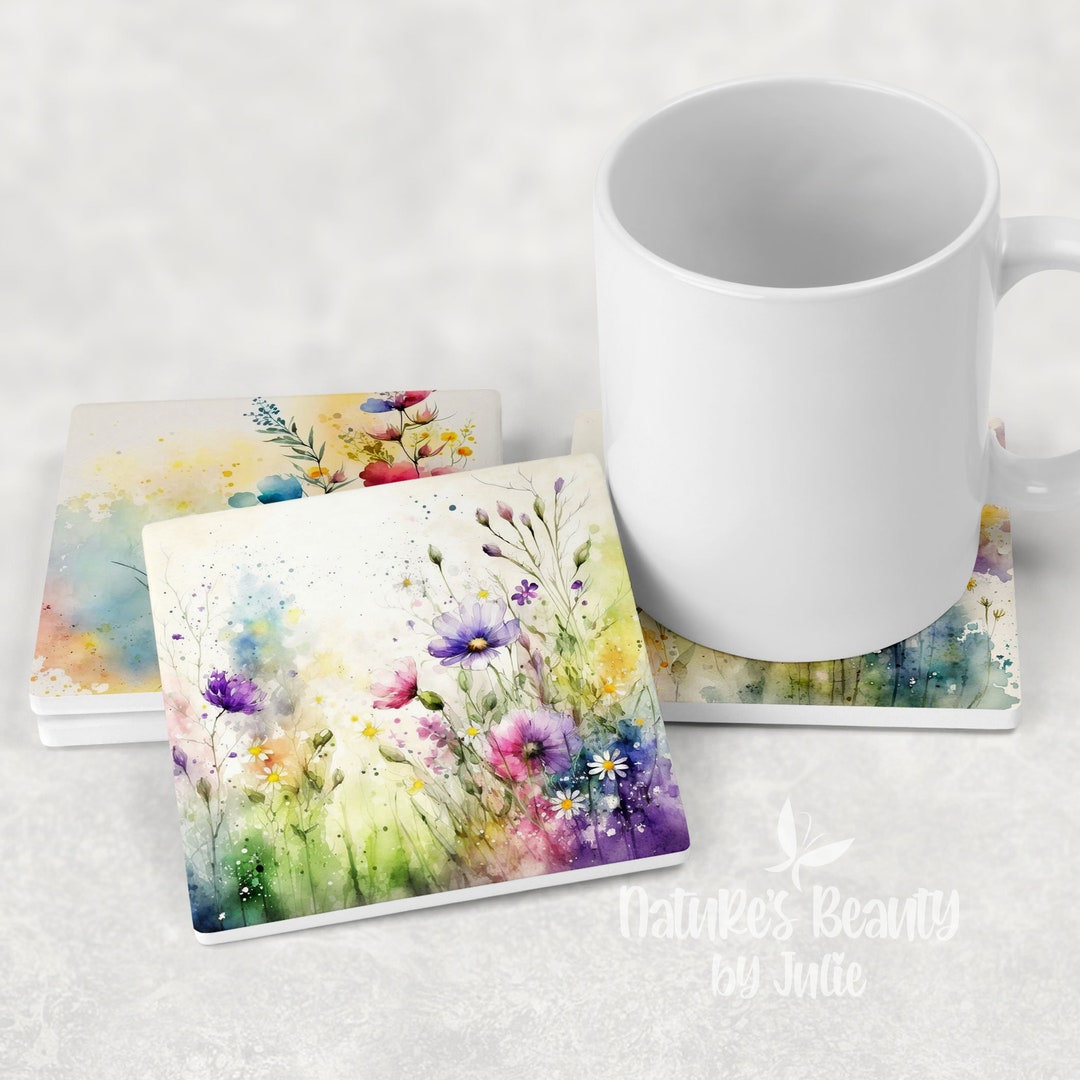 Set of 4 Watercolor Floral Pattern Sandstone Coasters With Cork Backing ...