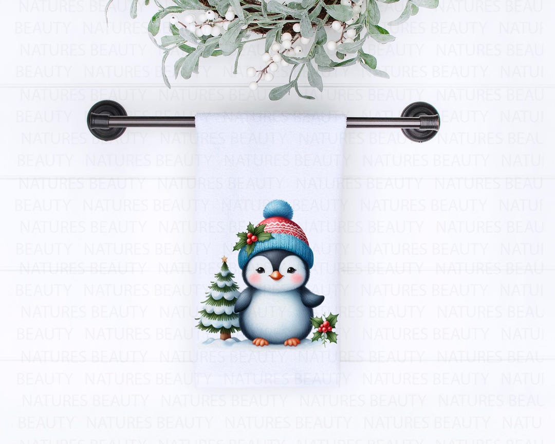 Festive Christmas Penguin Kitchen or Bathroom Hand Towels, Holiday ...