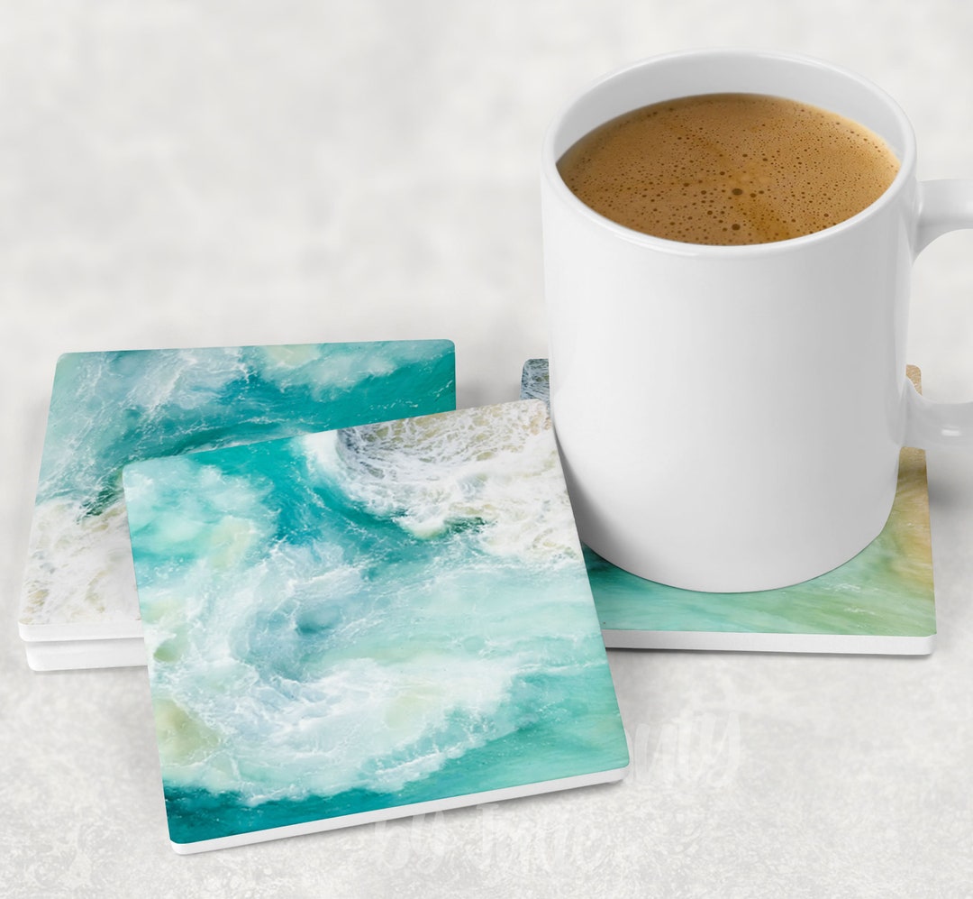 Ocean Waves Square Sandstone Coasters, Blue Coastal Waves Home Accent ...