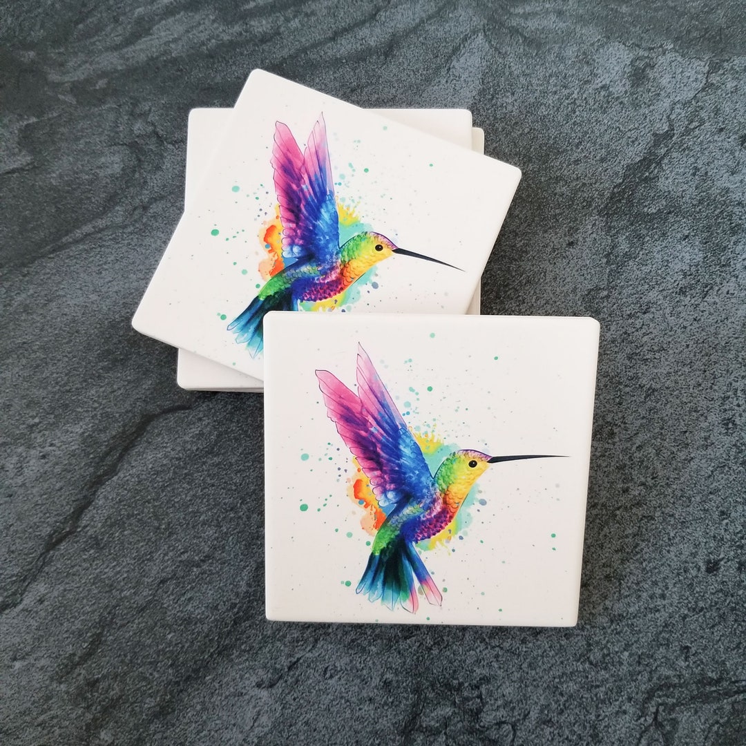 Set of 4 Watercolor Hummingbird Sandstone Coasters With Cork Backing ...