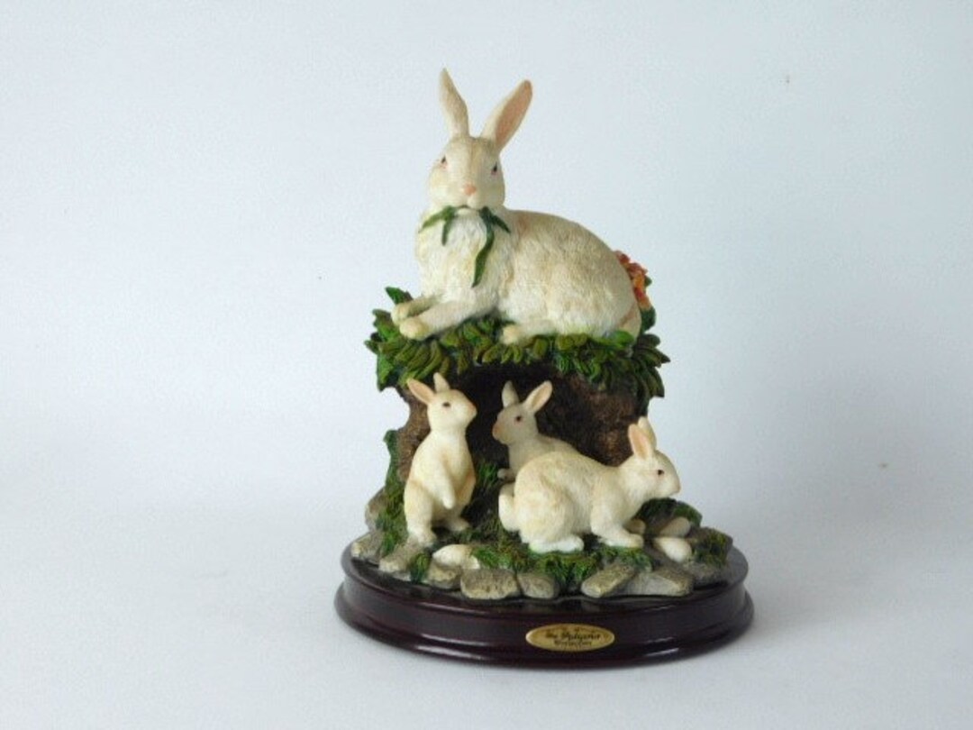 The Juliana Collection Figurine Rabbits With Her Young on Wood Stand ...