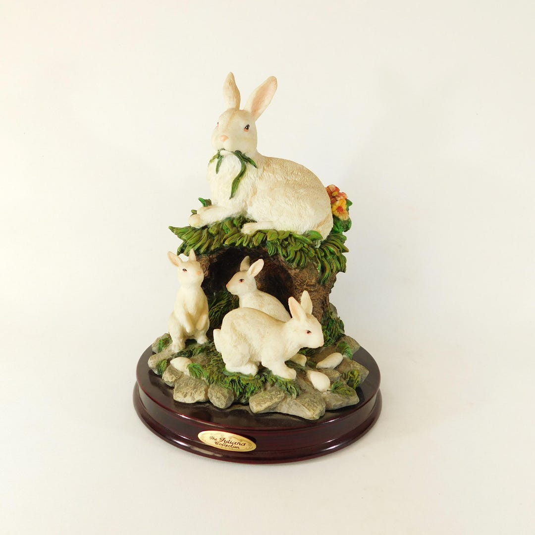 The Juliana Collection Figurine Rabbits With Her Young on Wood Stand ...