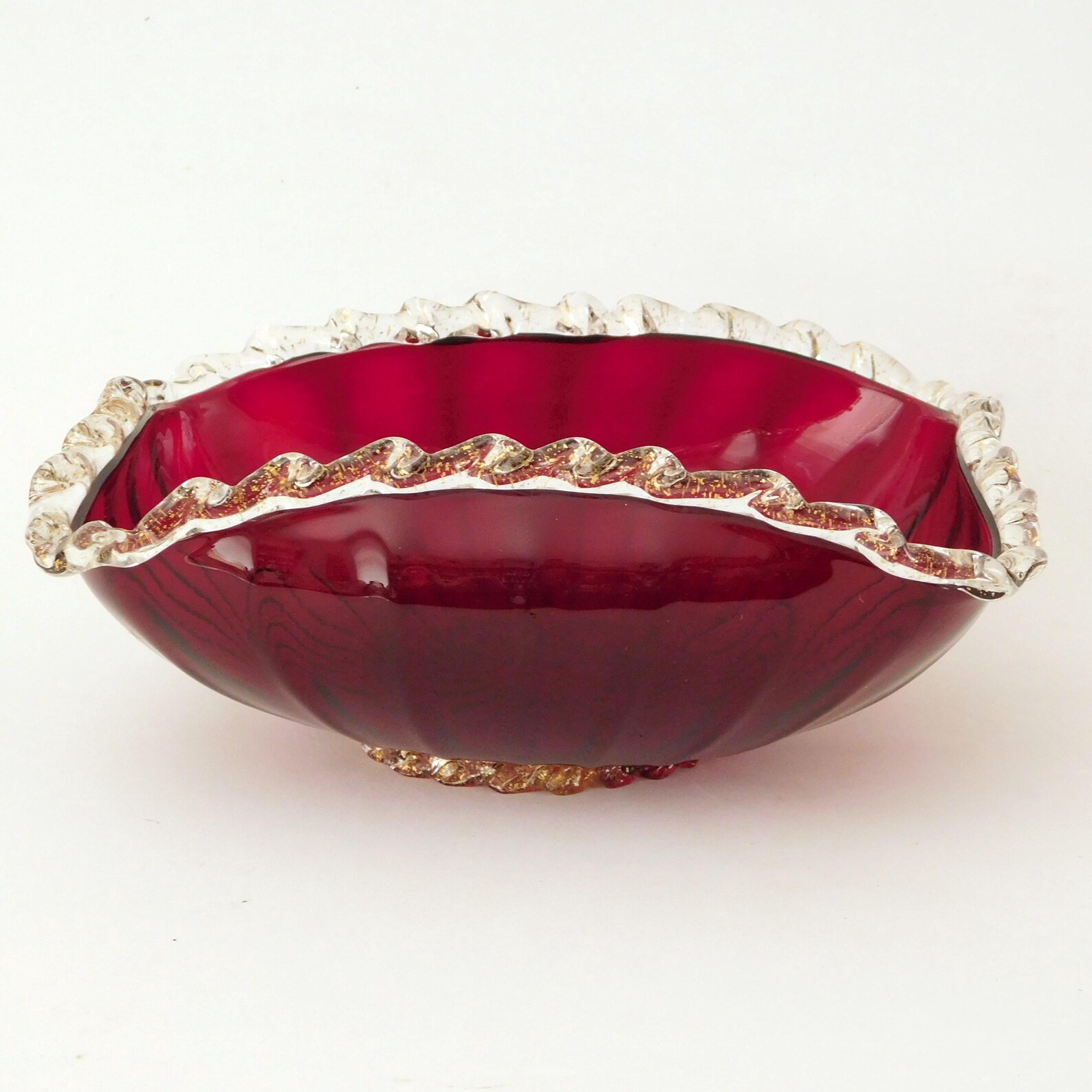 Victorian Ruby Red Glass Bowl Clear Glass Frilled Rim Free UK Postage ...