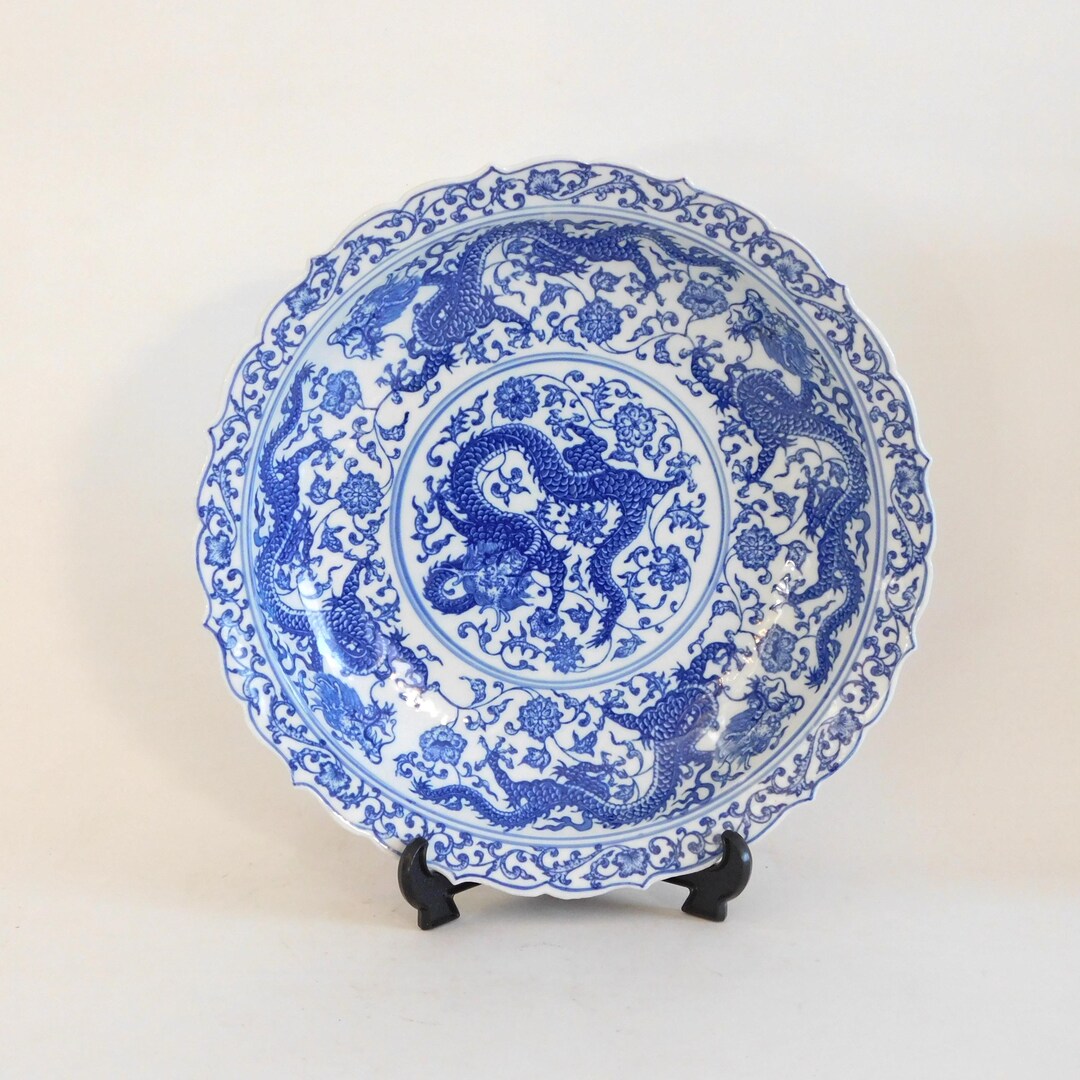 Early 20th Century Chinese Blue and White Dragon Dish Qinglong Seal ...