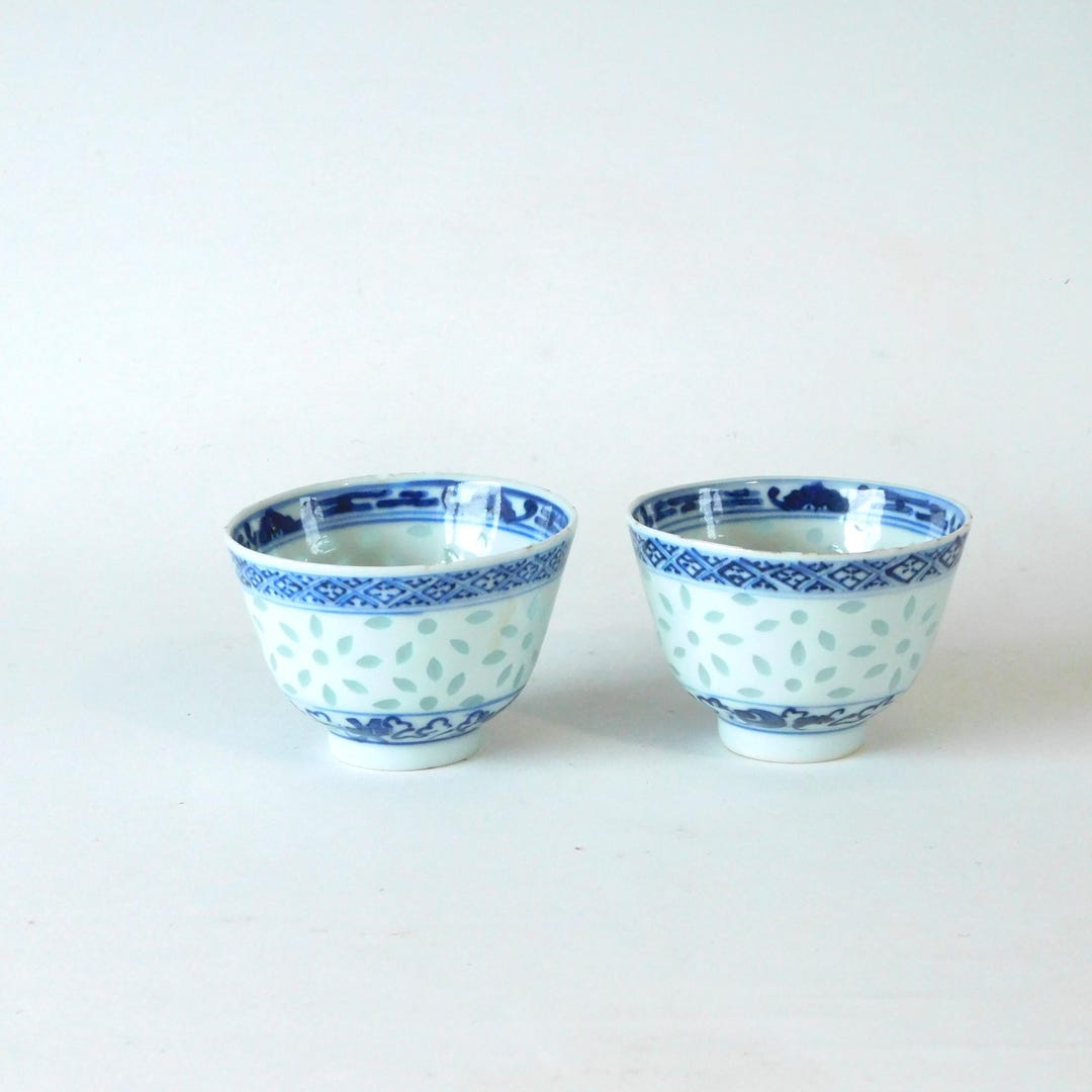 Pair of Chinese Rice Pattern Tea Cups Kangxi Mark C1900 - 1940s ~ Free ...