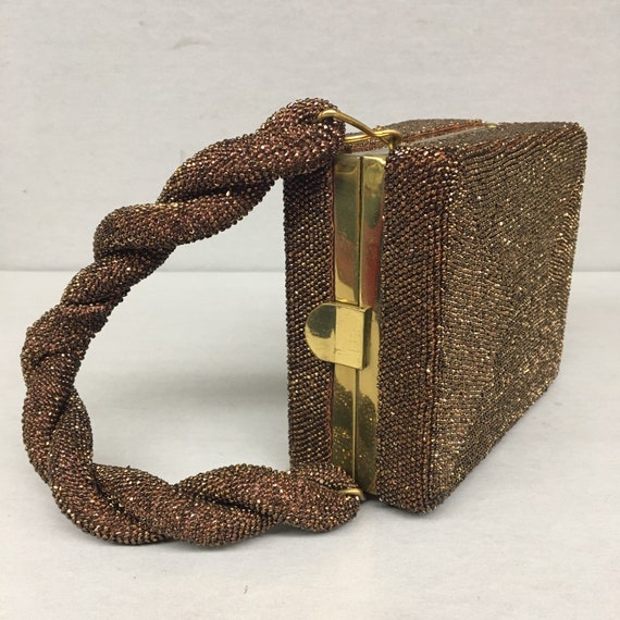 1940s Copper Beaded handbag, gold tone metal hard fra… - Gem