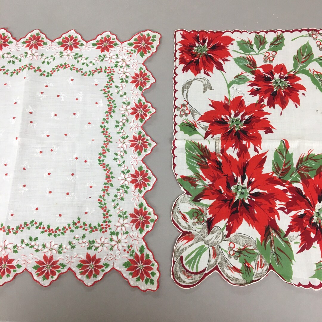 1960s Vintage Christmas Hankies, Pair of Red Poinsettia Printed ...