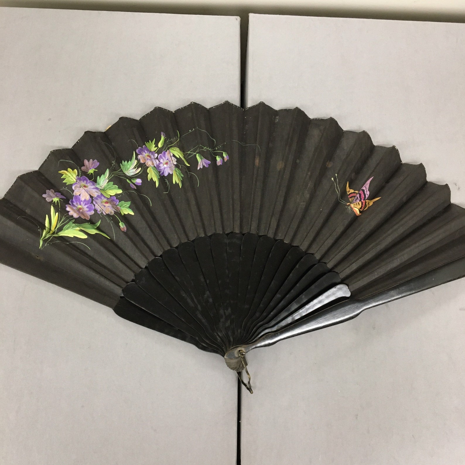 1900s Large Victorian Black Linen Folding Hand Fan, Hand Painted Purple ...