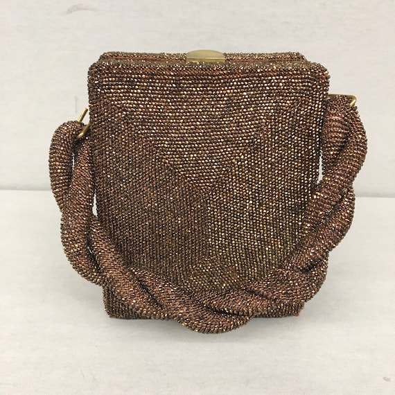1940s Copper Beaded handbag, gold tone metal hard fra… - Gem