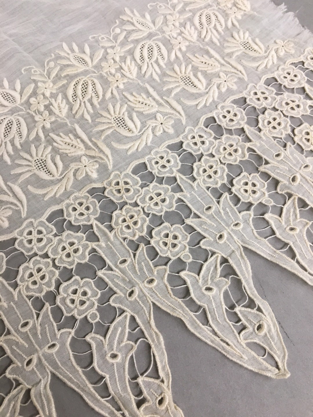 1910s Beige Cotton Fabric Eyelet Cutwork Embroidery Single Edge Border ...