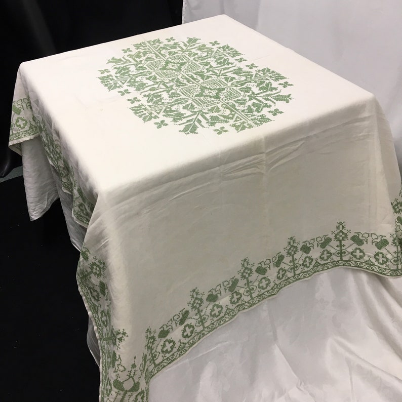 1930s Vintage Linen Cross Stitch Tablecloth Handmade Green - Etsy