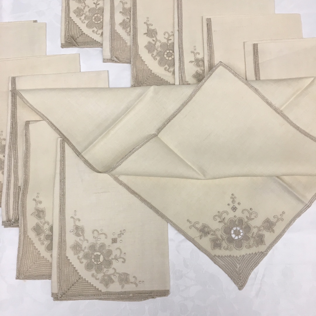 12 Italian Formal Dining Linen Napkins With Drawnwork Hemstitch and ...